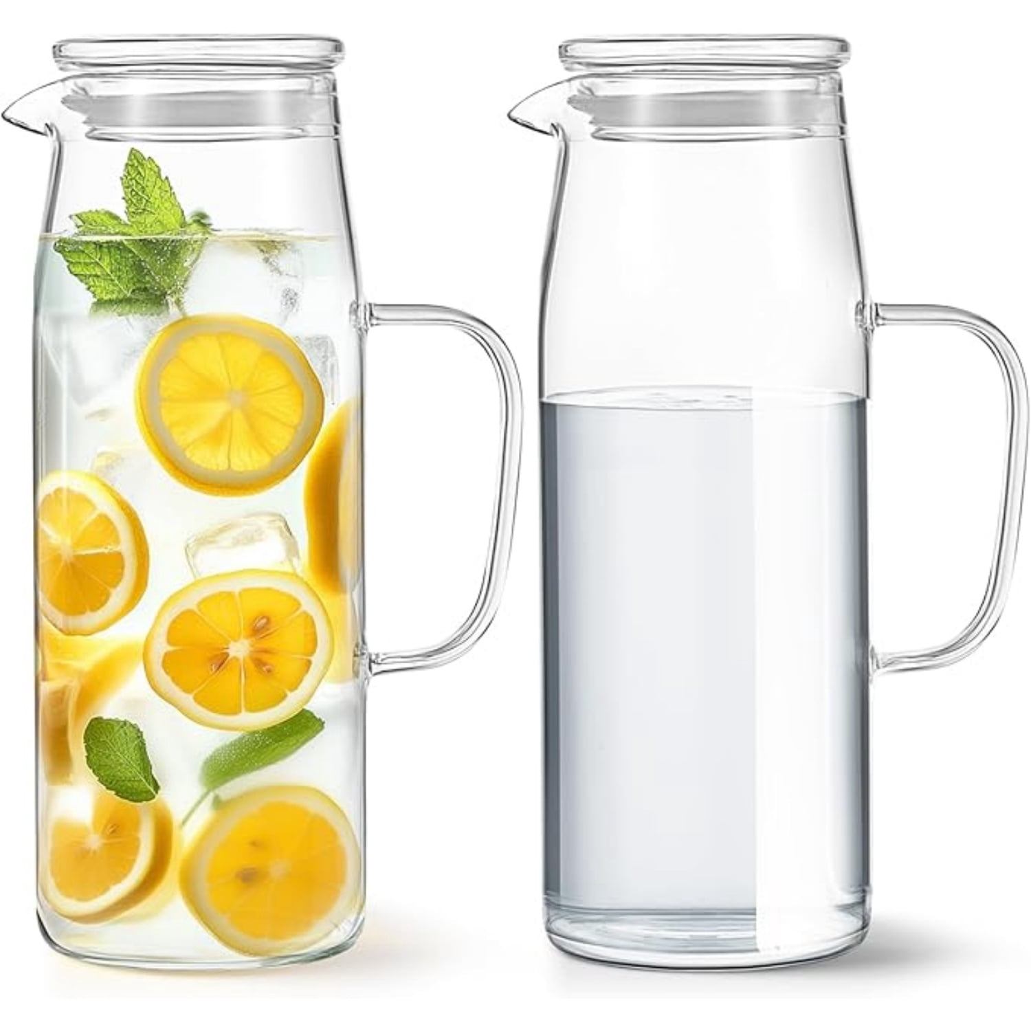 2 Sets Glass Pitcher with Lid, 67.6 oz / 2000 ml Water Carafe with Handles Hot Cold Beverage ...
