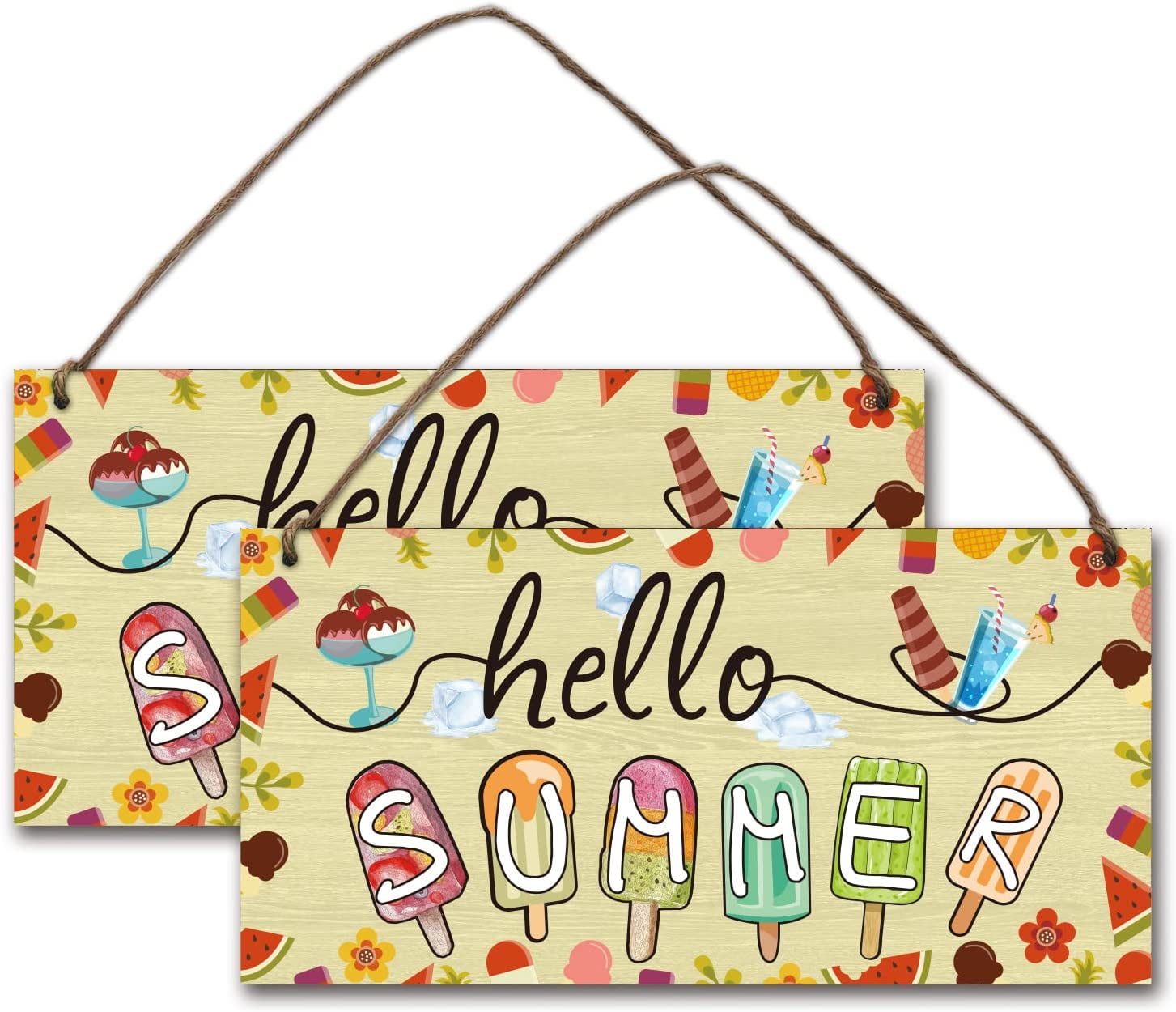 2 Sets Hello Summer Wood Sign Decor with Jute Twine Summer Welcome Sign ...