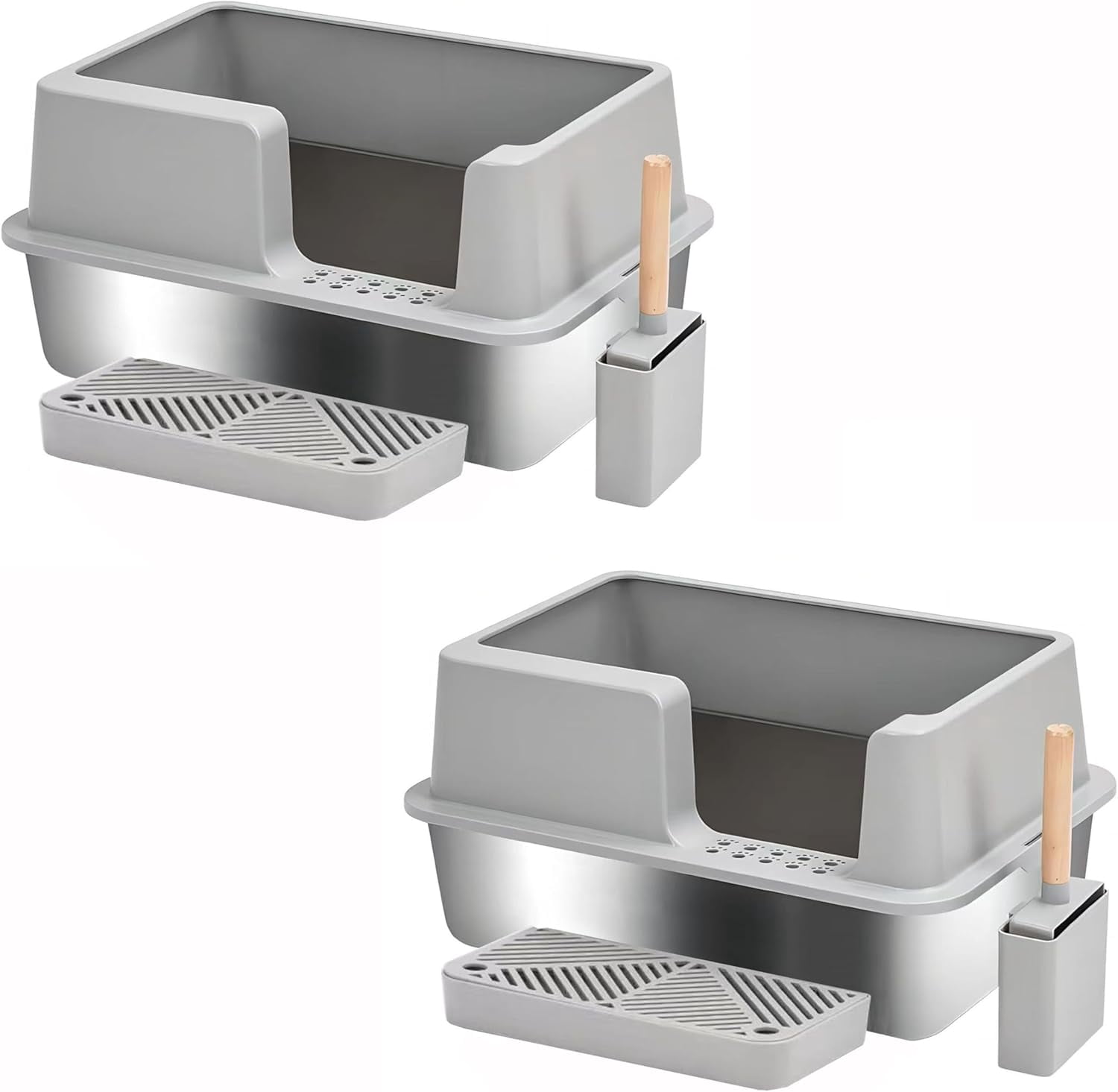 2 Sets of KUNWU Stainless Steel Cat Litter Box with Enclosure Lid ...