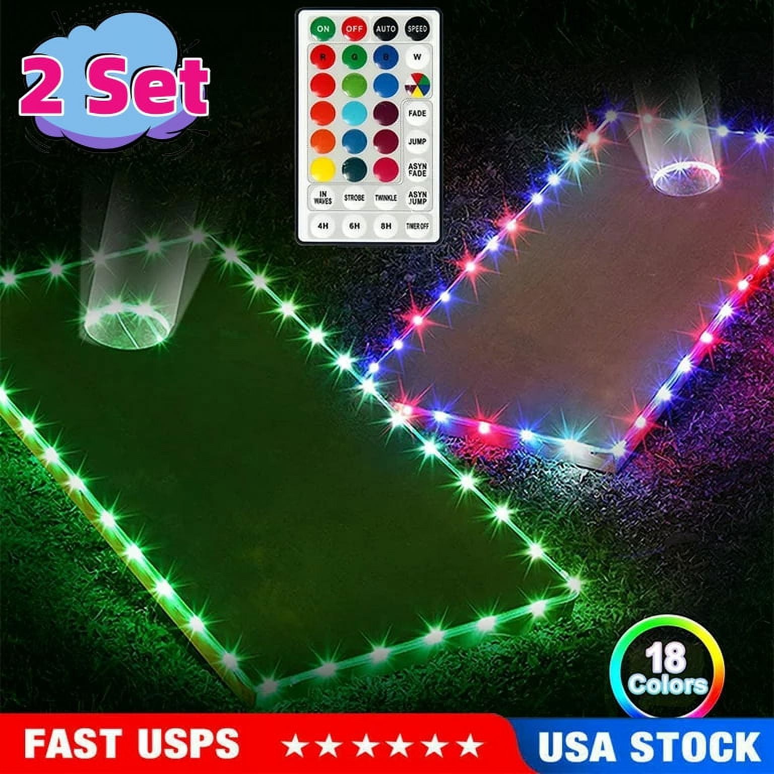 LED Cornhole Kit: 2 Sets of Lights, Remote Control, 18 Colors, 7 Modes ...
