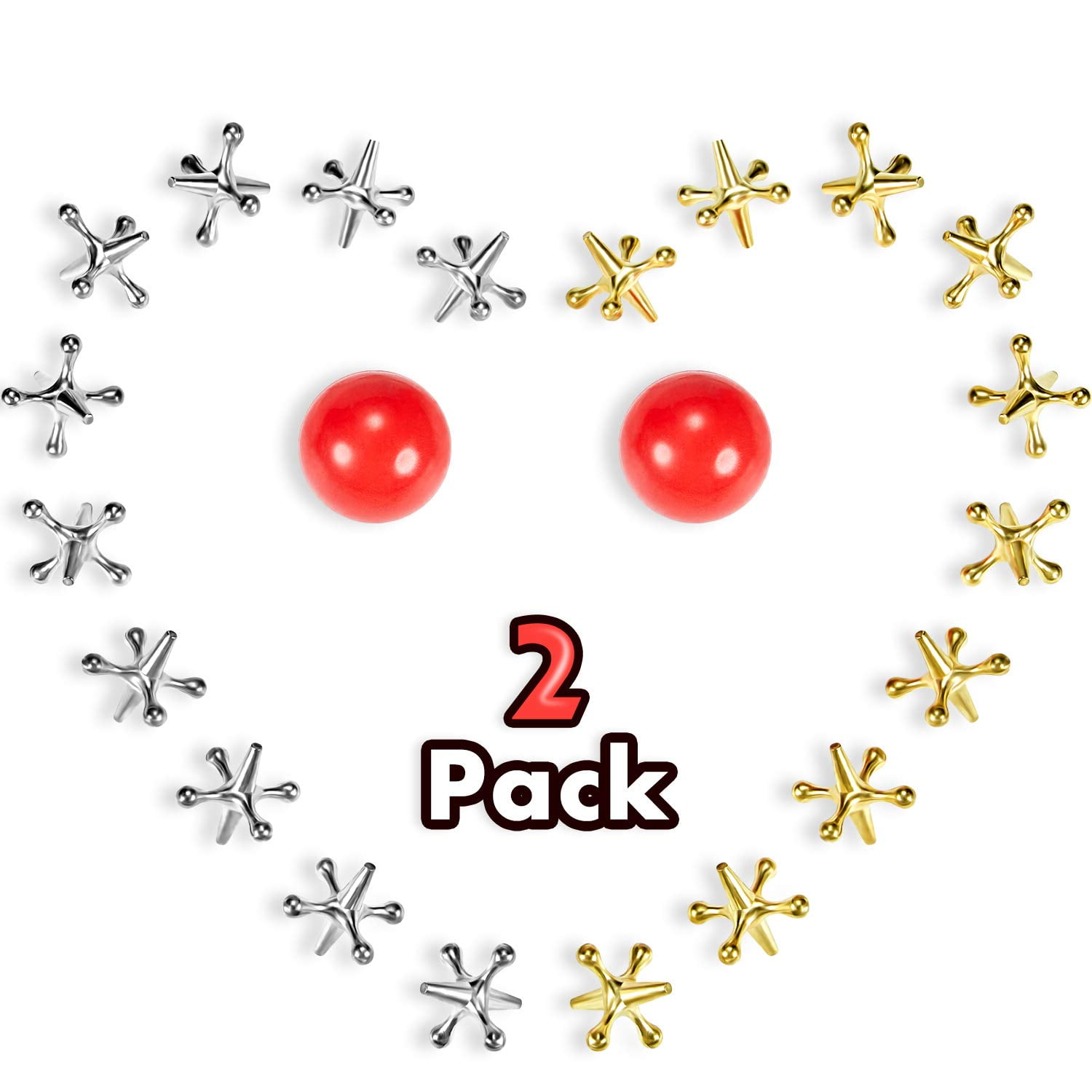 2 Sets Metal Jacks Game with Ball 2 Pieces Red Rubber Balls and 20 ...
