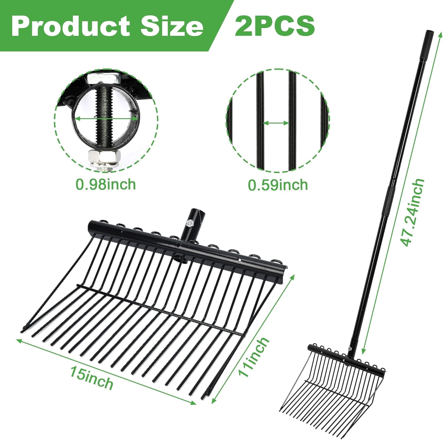 2 Sets Metal Manure Fork with Long Metal Handle, 18 Tines Manure Fork ...