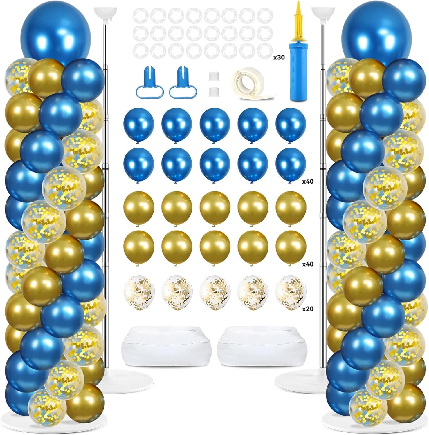 2 Sets Metallic Blue and Gold Balloon Column Stand Kit with 100 ...