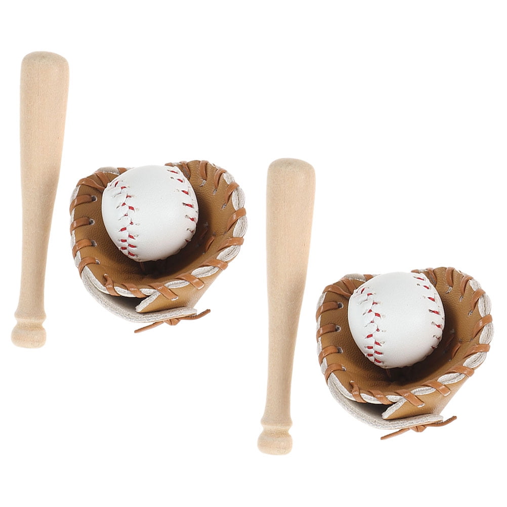 2 Sets Miniature Baseball Bat Glove Ball Kit Dolls House Mini Baseball ...