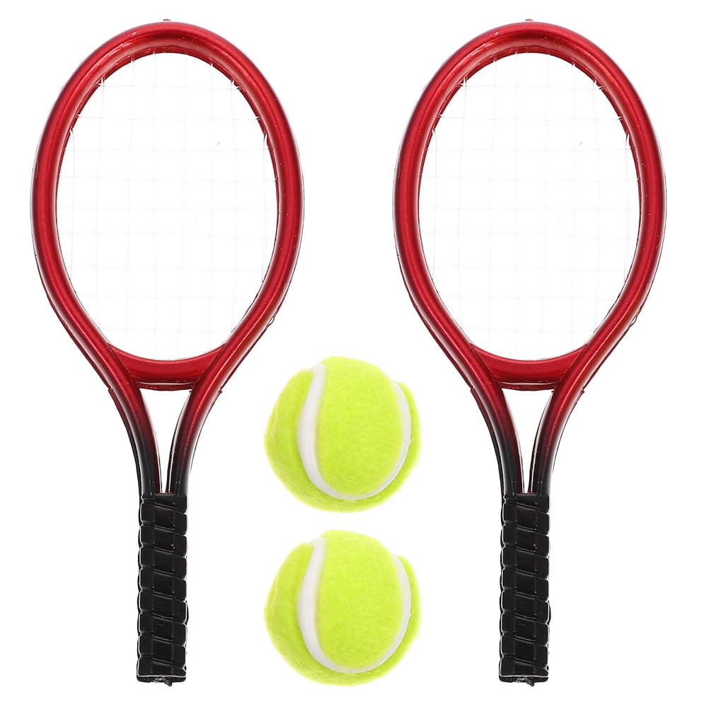 2 Sets Miniature Tennis Rackets And Balls Set Model Dollhouse Sports ...