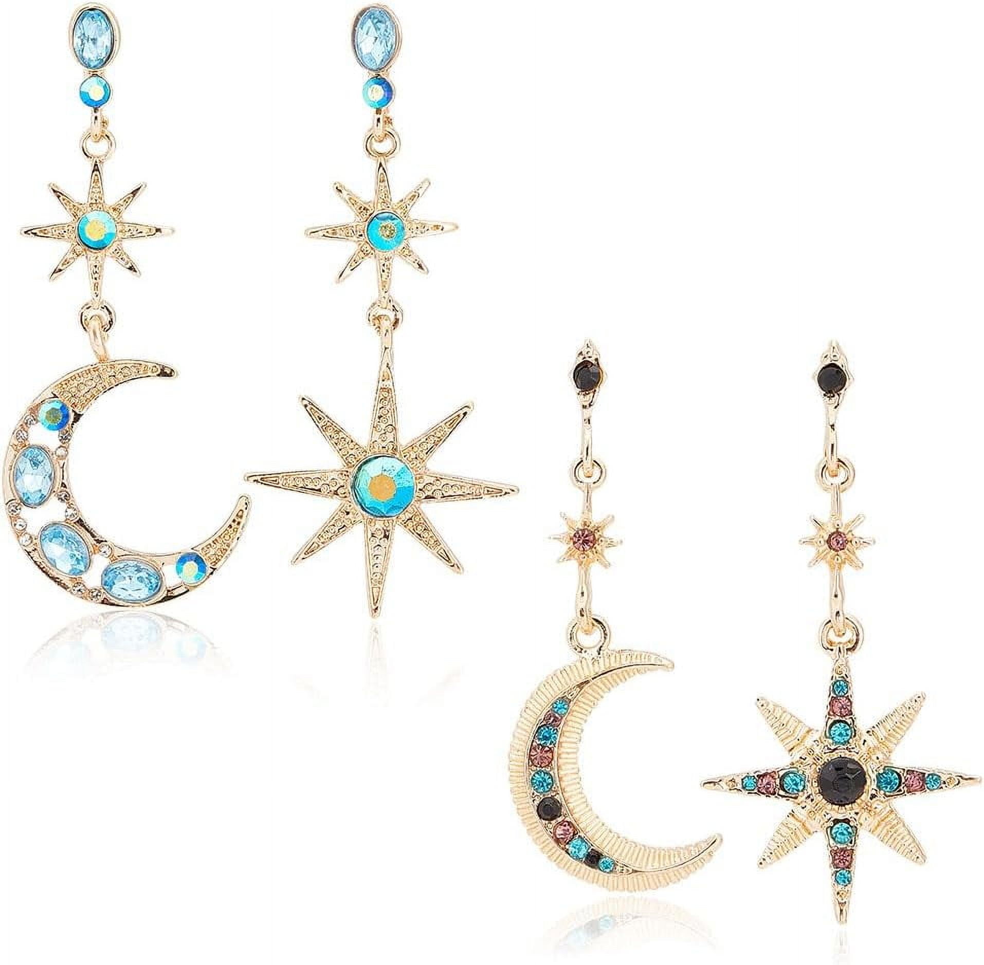 2 Sets Moon and Star Drop Stud Earrings Moissanite Moon Star Drop Earrings Celestial and ...