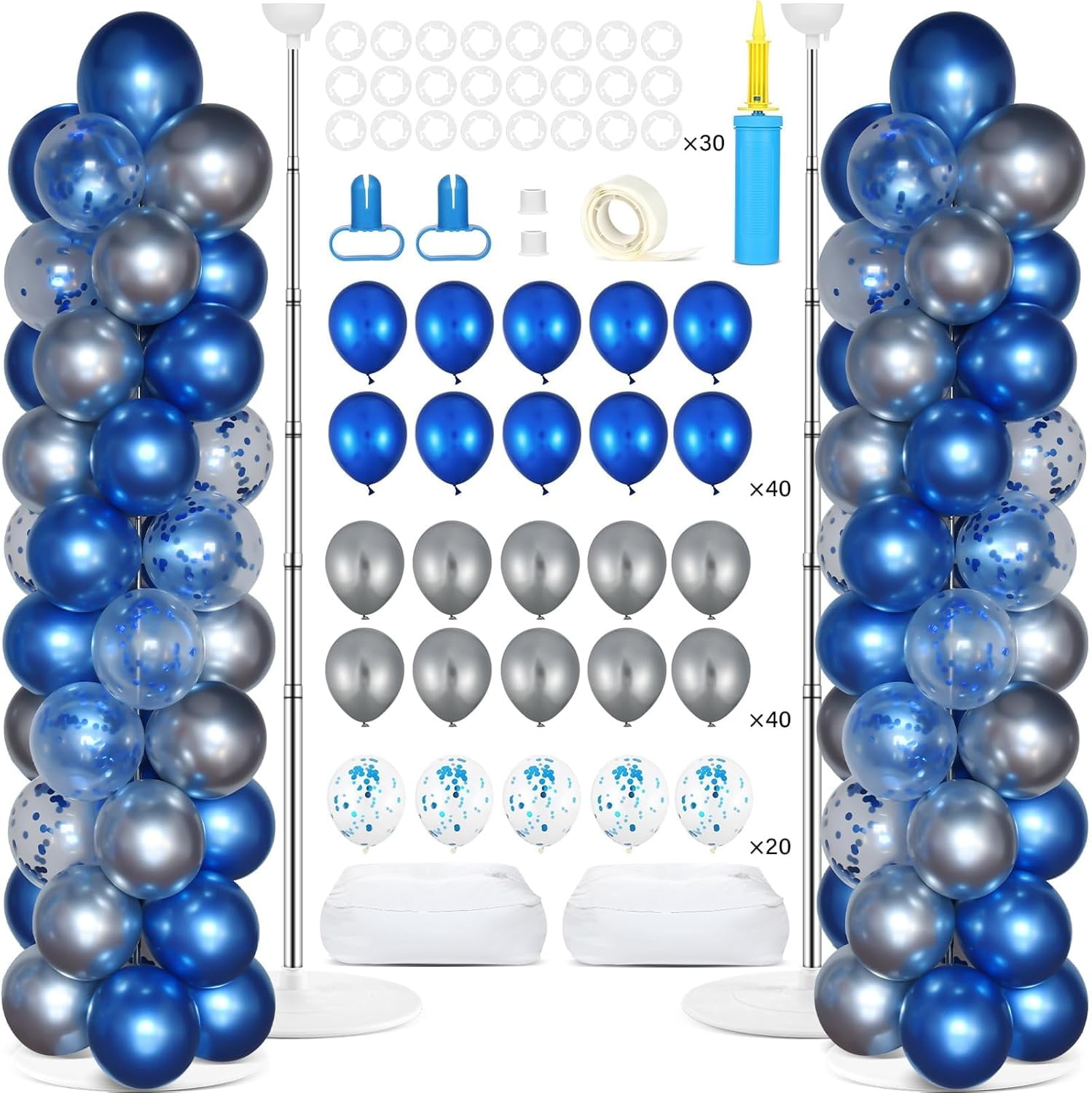 2 Sets Navy Blue and Silver Balloon Column Stand Kit with 100 Balloons ...