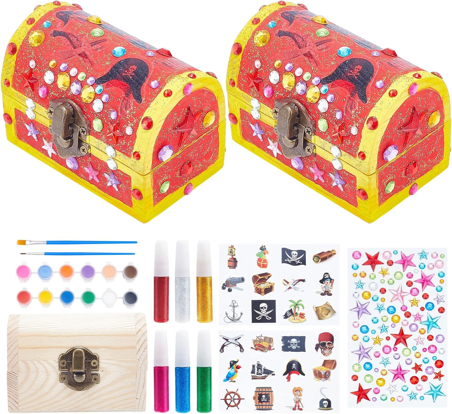 2 Sets Pirate Treasure Chest Wood Paint Mini Unfinished Arched Decorate ...