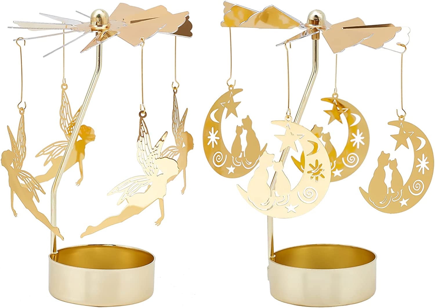 2 Sets Rotary Candle Holder 2 Style (Moon Cat Magic Fairy) Metal Spinning Candle Carousel Golden ...