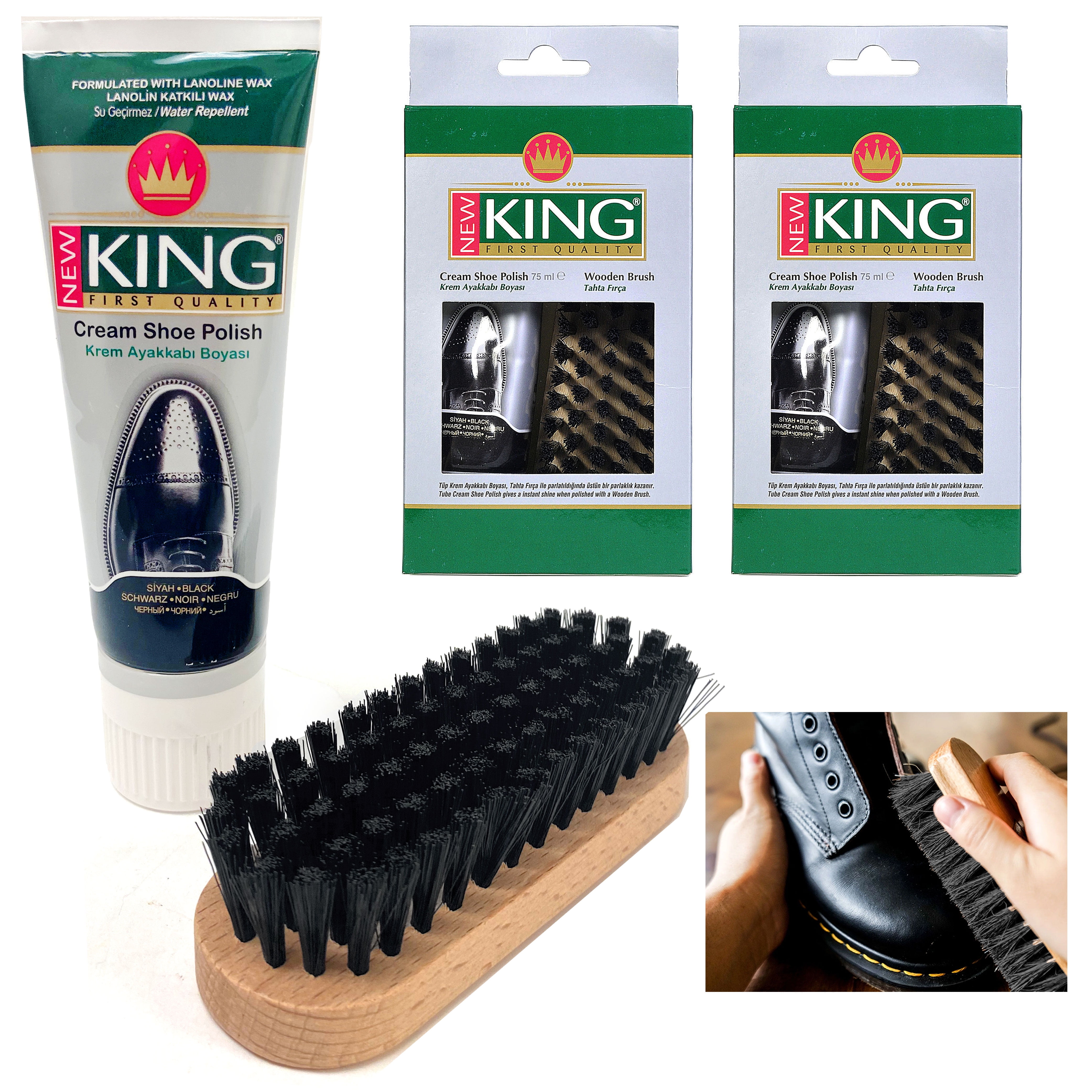 2 Sets Shoe Boot Polish Shine Wooden Brush Kit Leather Cream 75mL ...