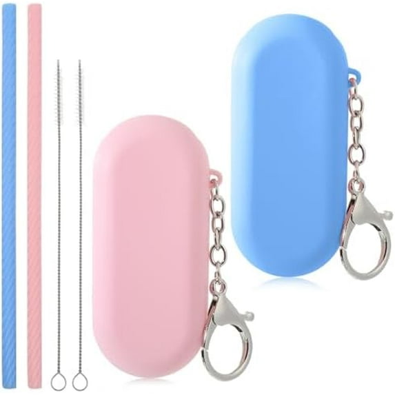 2 Sets Silicone Reusable Straws with Case, Portable Travel Straw with 2 ...