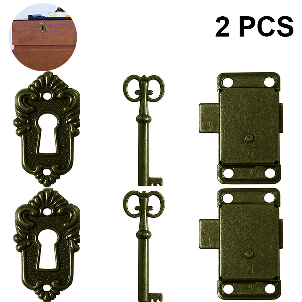 2 Sets Skeleton Key Lock, Antique Brass Cabinet Lock with Key, Retro ...