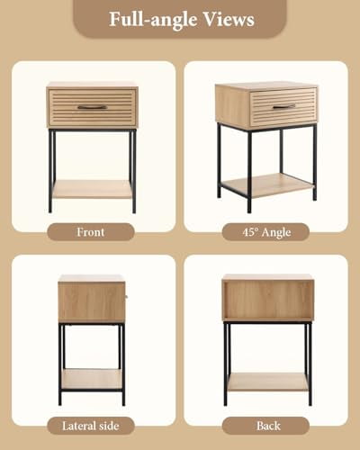 2 Sets Striped Grooved Nightstand with Solid Wood Storage Drawer ...