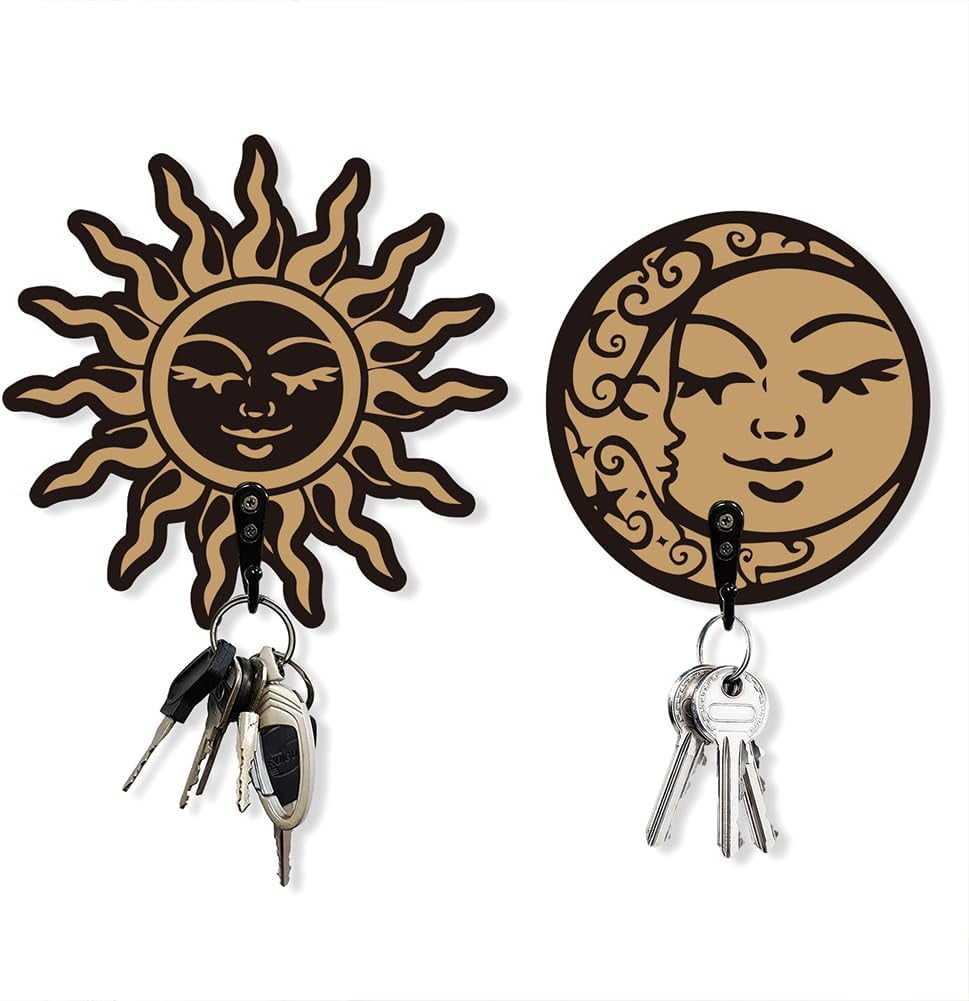 2 Sets Sun and Moon Face Key Holder Wall Mounted Wooden Moon Face Wall ...