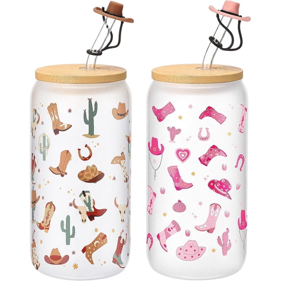 2 Sets Western Cowgirl Beer Can 16 oz Drinking Cups with Bamboo Lid ...