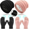 2 Sets Winter Hat and Gloves for Women, Satin Lined Hats for Women ...