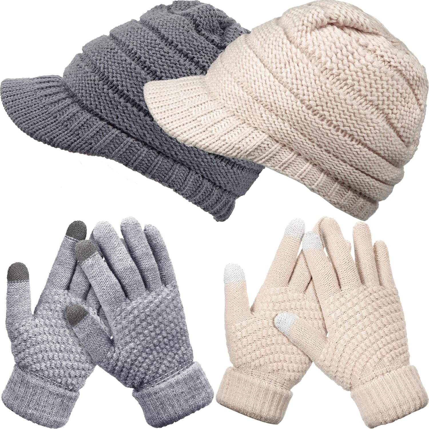 2 Sets Winter Hats Gloves for Women Knit Beanie Slouchy Women Winter ...