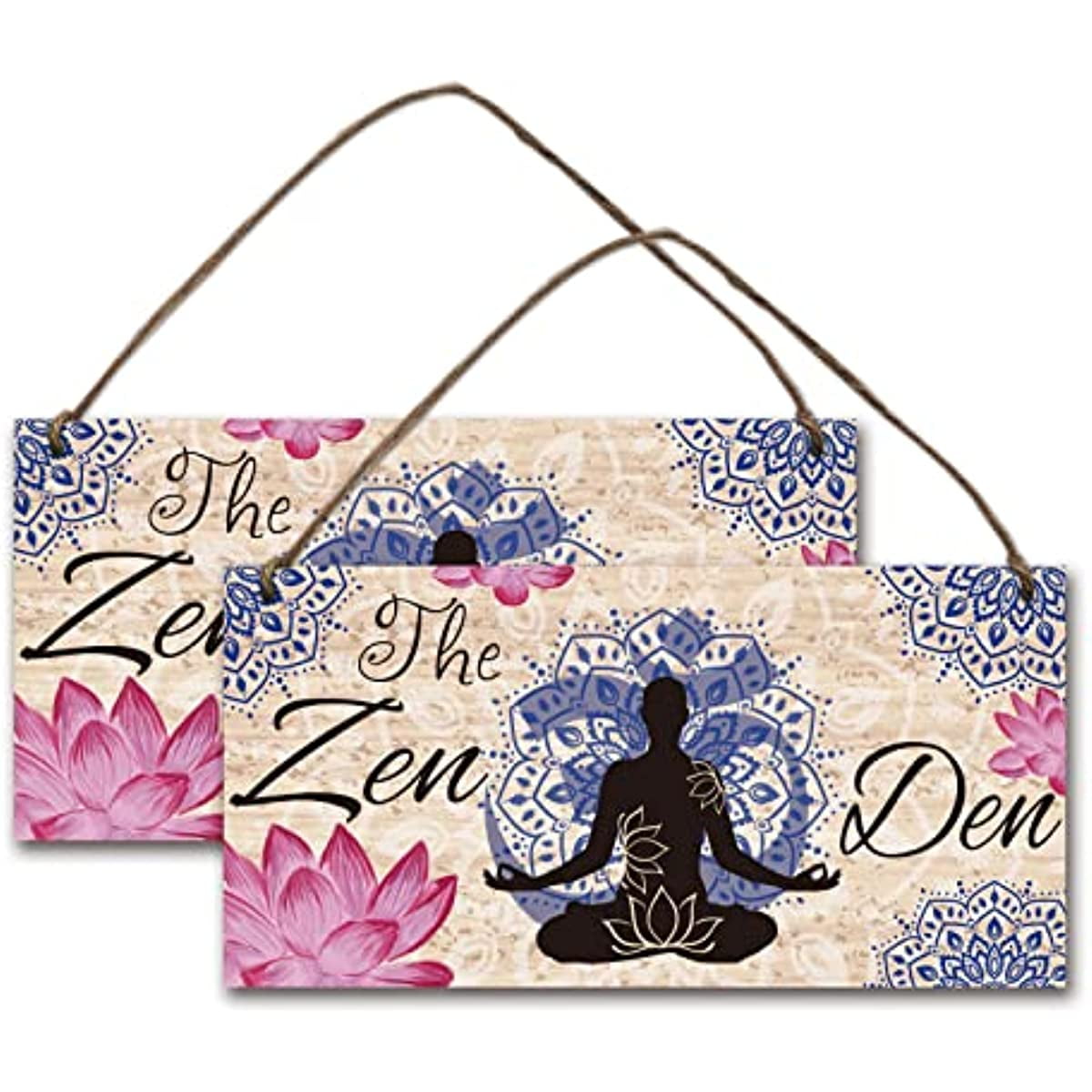 2 Sets The Zen Den Lotus Wood Sign Decor with Hanging Jute Twine Lotus ...