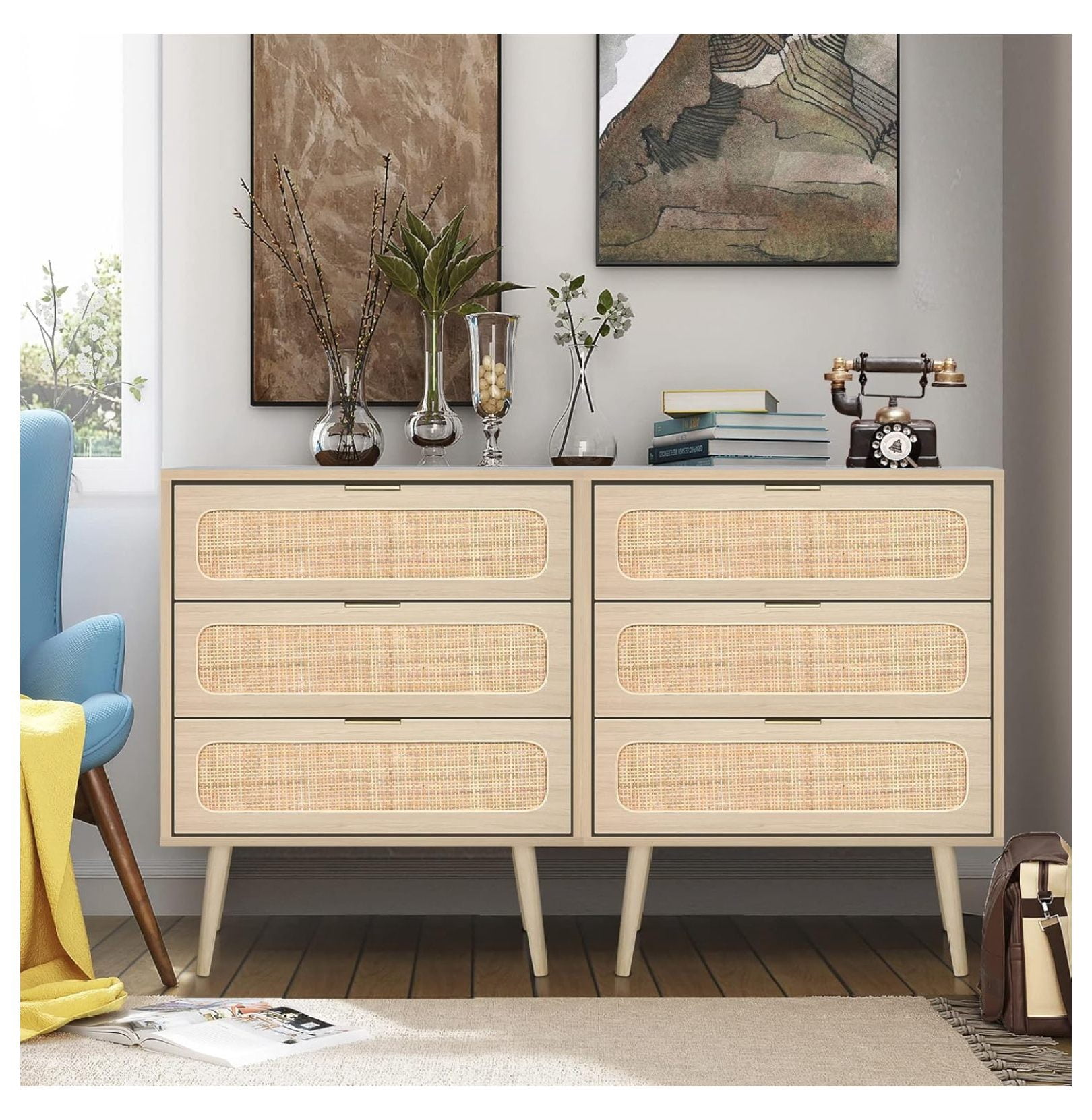 2 Sets of Rattan Nightstand Dresser Chest of 3 Drawers, Wood Storage ...