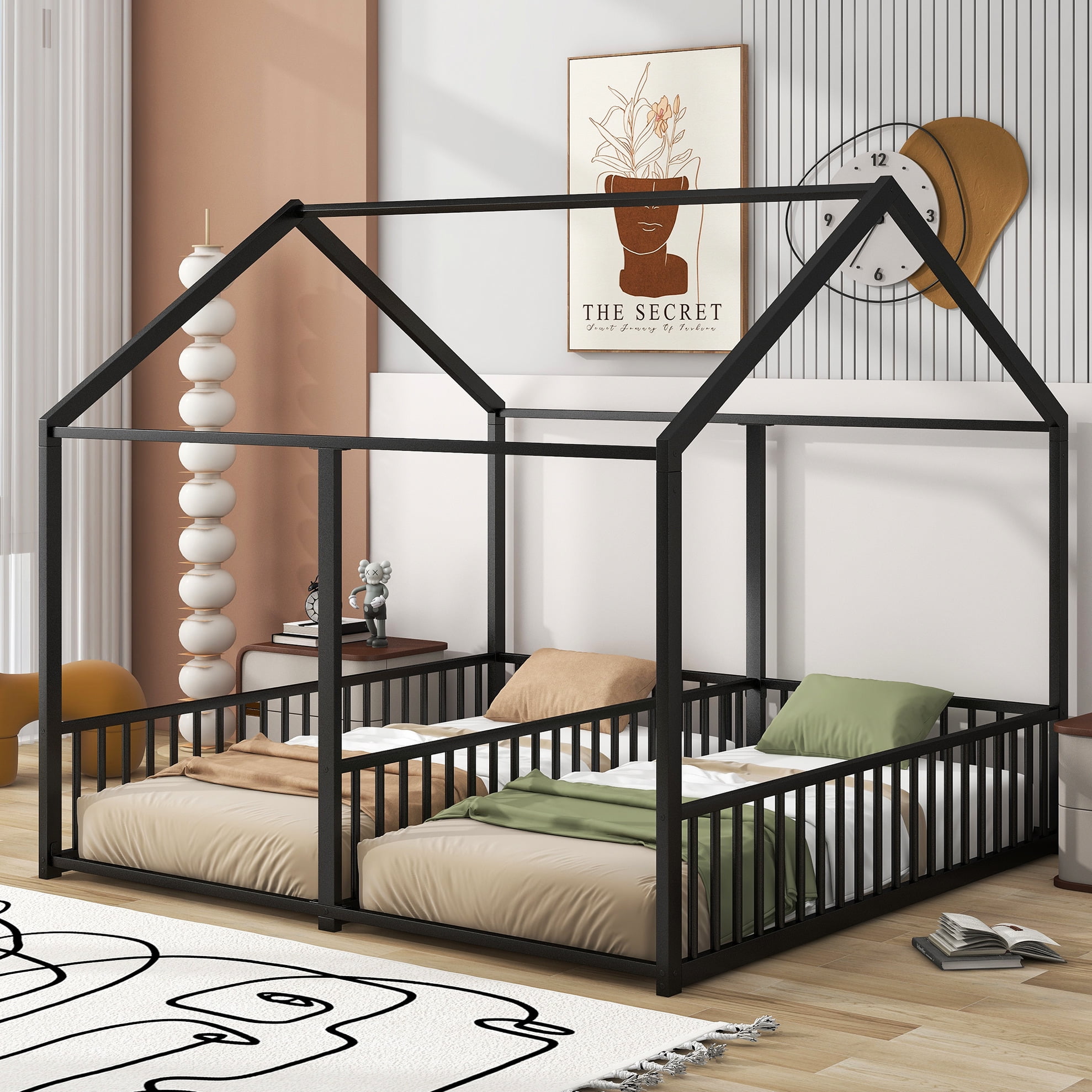 2 Shared Twin Metal Beds, Black, House Platform, & Safe In Strong ...