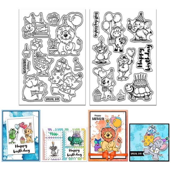 2 Sheets Birthday Cartoon Animal Clear Stamp for Scrapbooking Lion ...