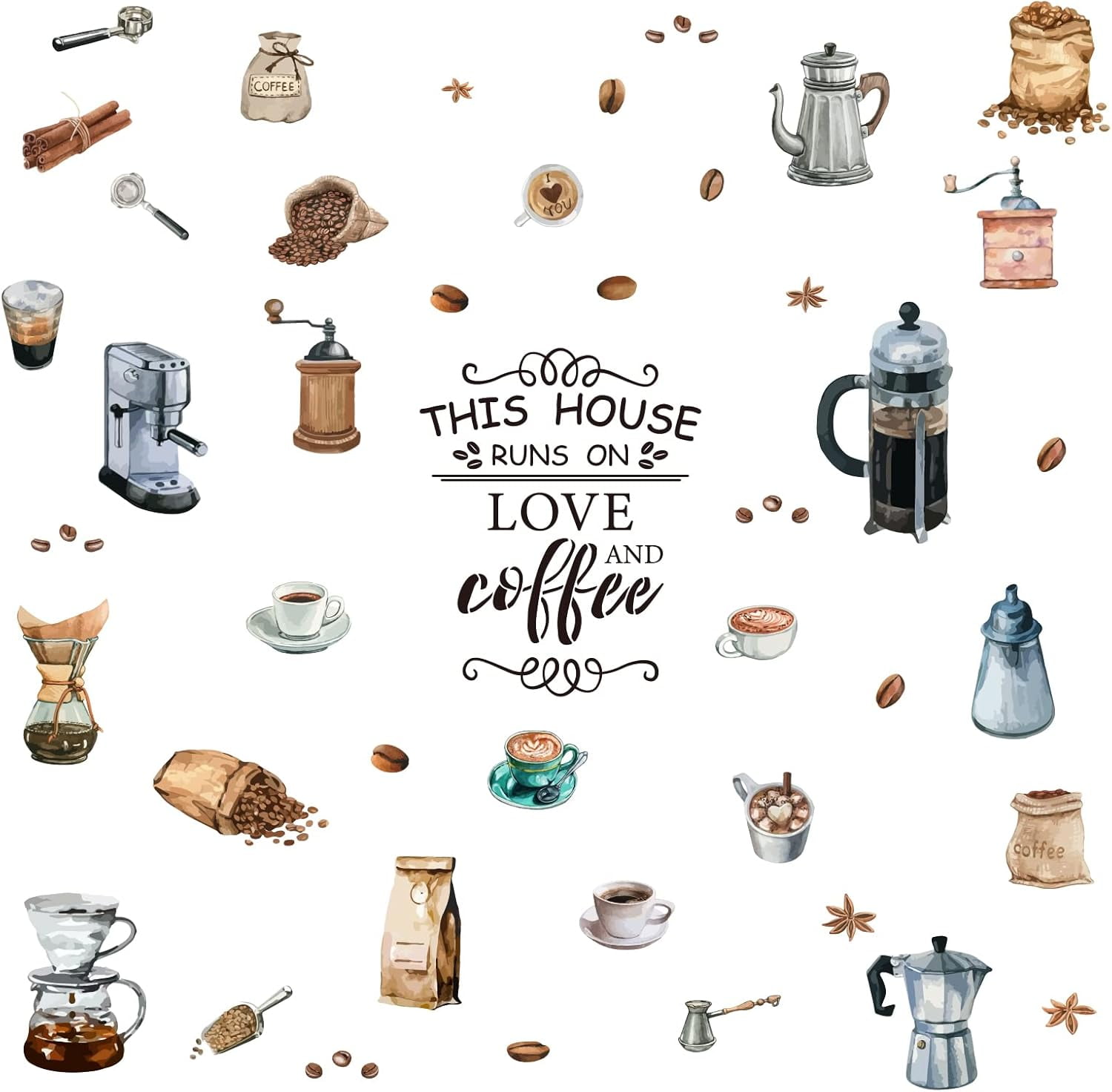 2 Sheets Coffee Theme Wall Decals 35x11 Inch PVC Wall Stickers Mixed ...