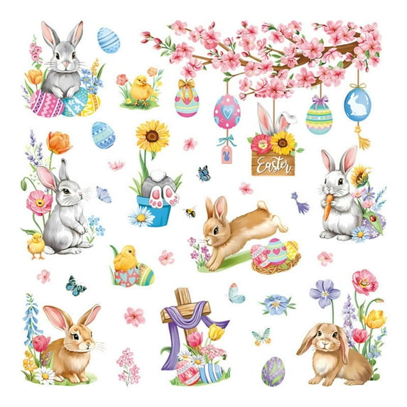 2 Sheets Easter Cartoon Window Cling Stickers Colorful Bunny Rabbit Egg ...