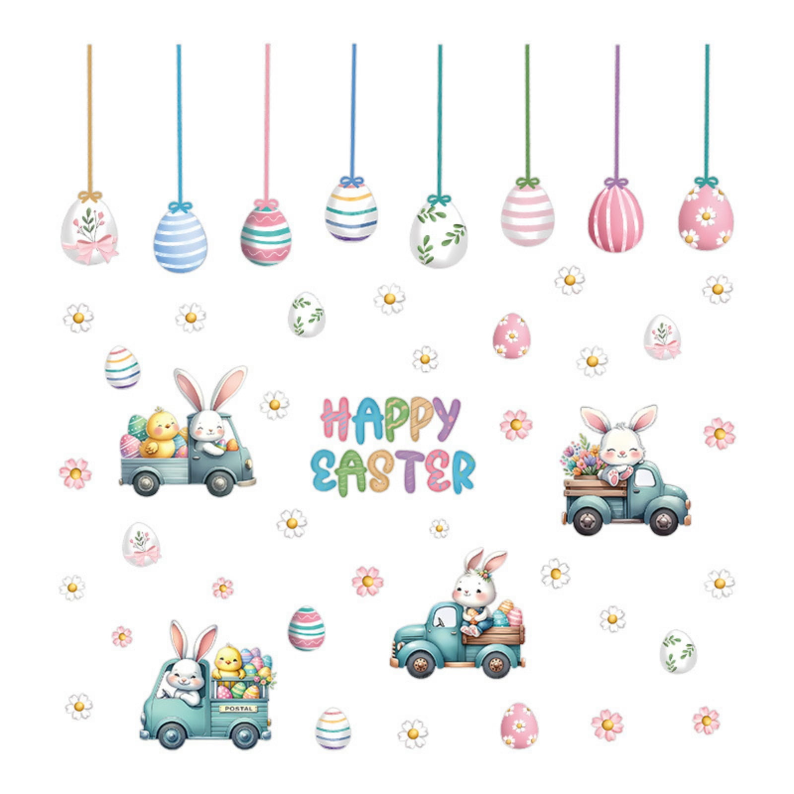 2 Sheets Easter Cartoon Window Cling Stickers Colorful Bunny Rabbit Egg ...