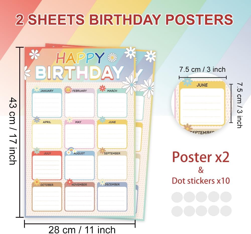2 Sheets Happy Birthday Chart for Classroom 17x11 Inch Colorful ...
