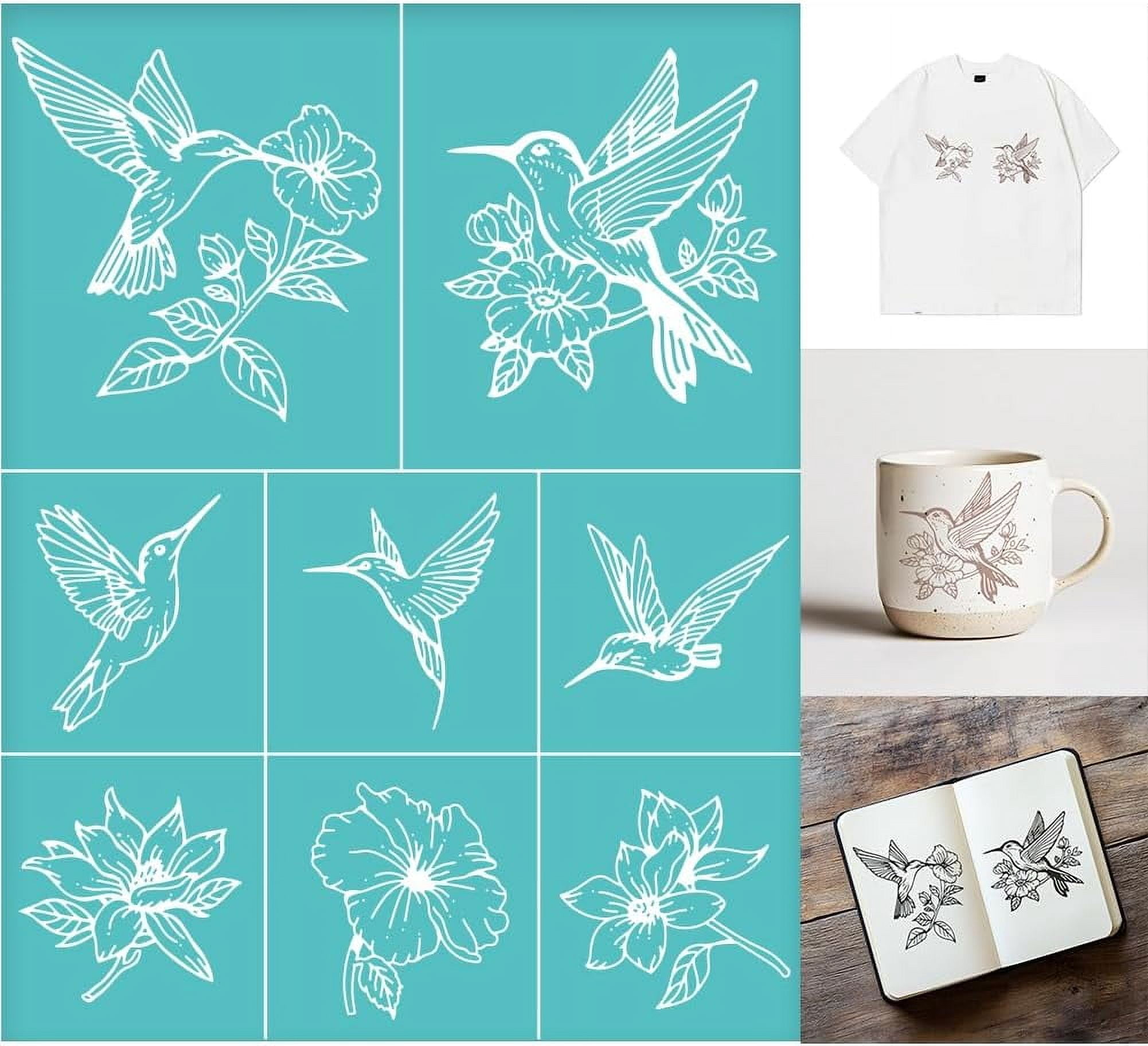 2 Sheets Hummingbird Silkscreen Stencil Bird Flower Painting Stencils ...