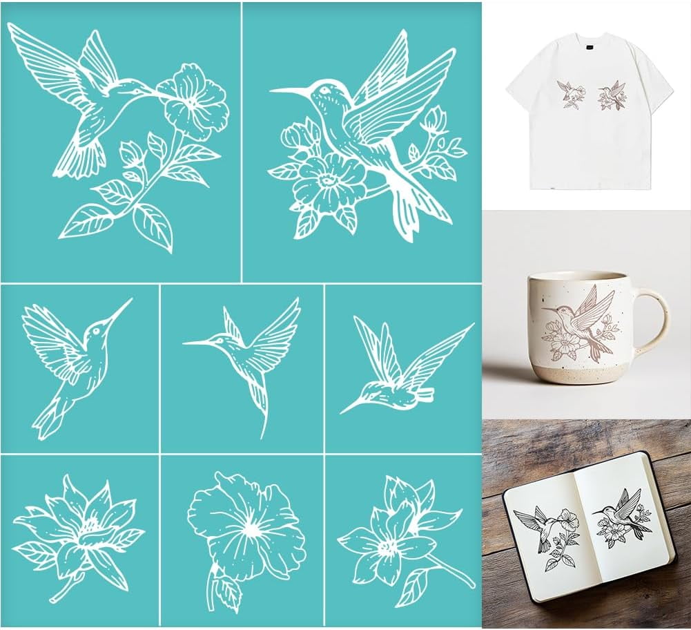 2 Sheets Hummingbird Silkscreen Stencil Bird Flower Painting Stencils ...