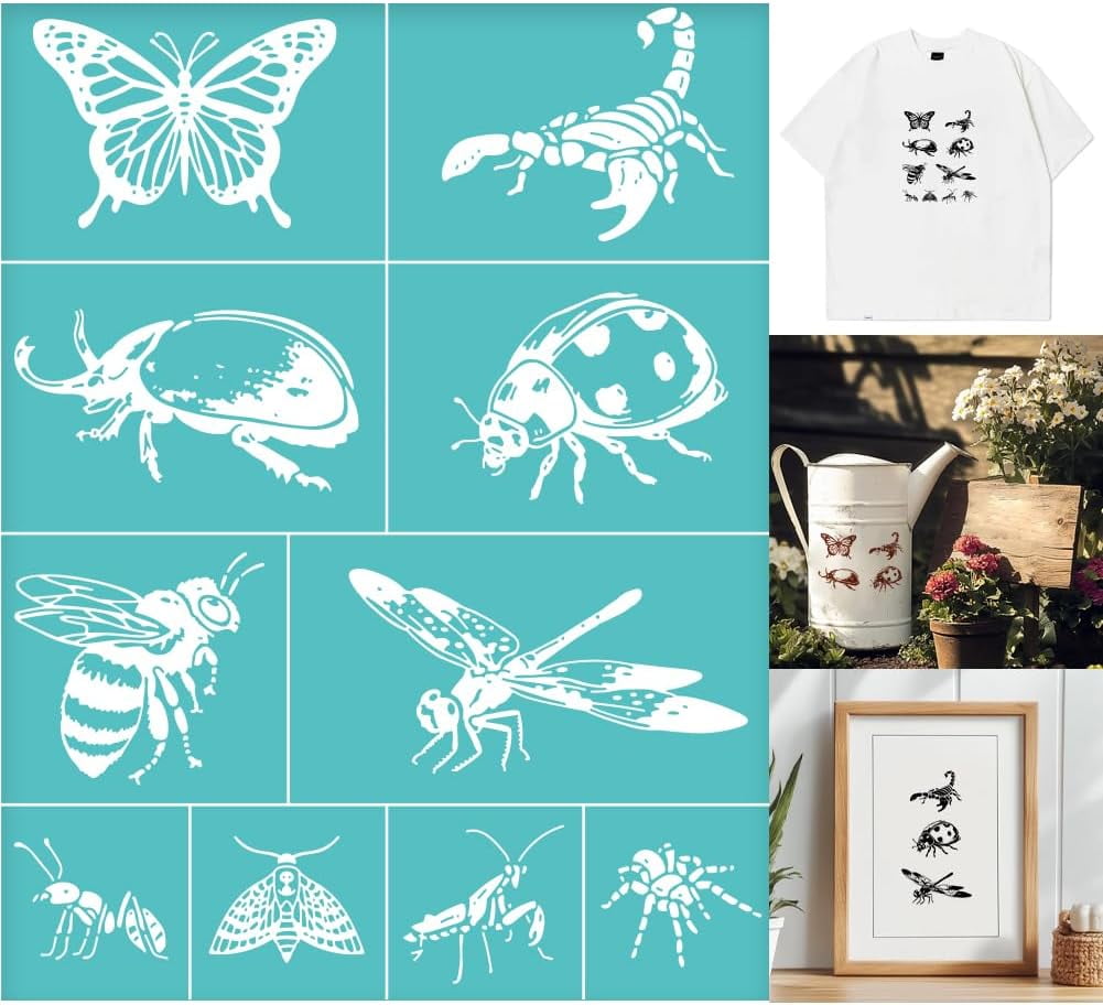 2 Sheets Insects Silkscreen Stencil Butterfly Ladybird Honeybee Praying ...