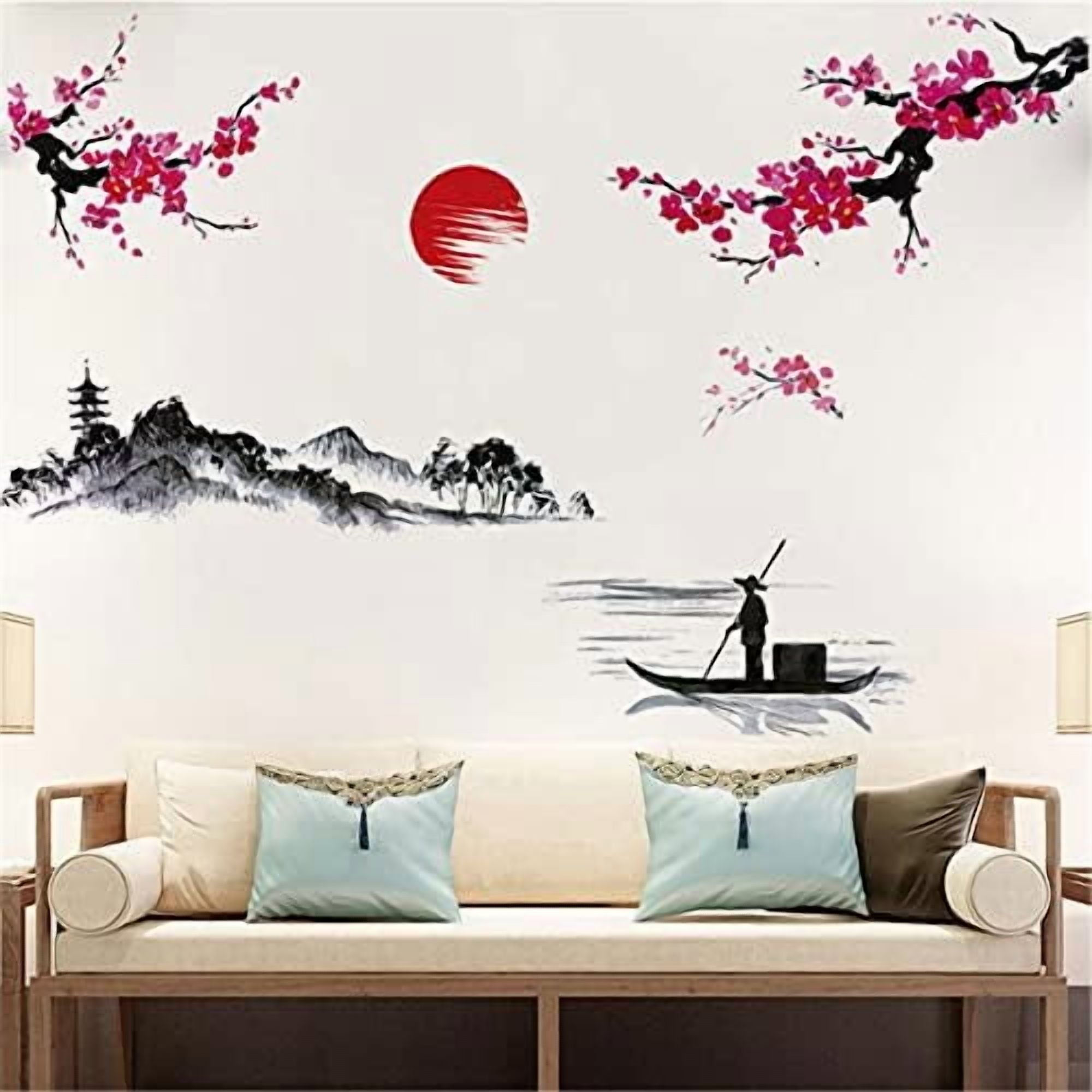 2 Sheets Japanese Style Splash Ink Landscape Painting Wall Sticker Red ...