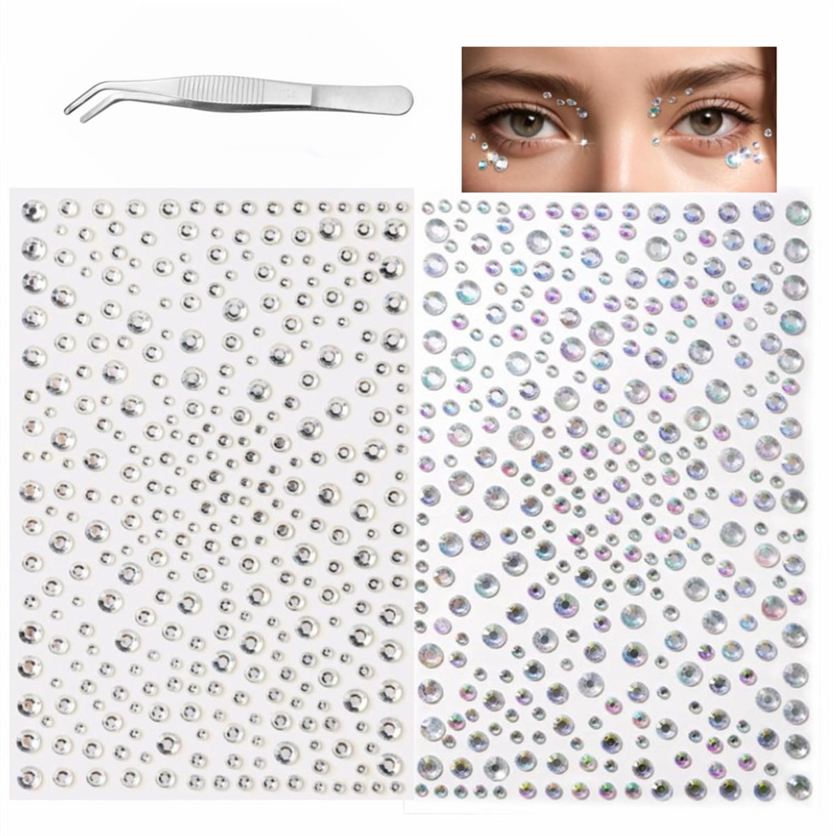 2 Sheets Laser&White Gems for Face Hair,Self-Adhesive Face Jewels,3/4/5 ...