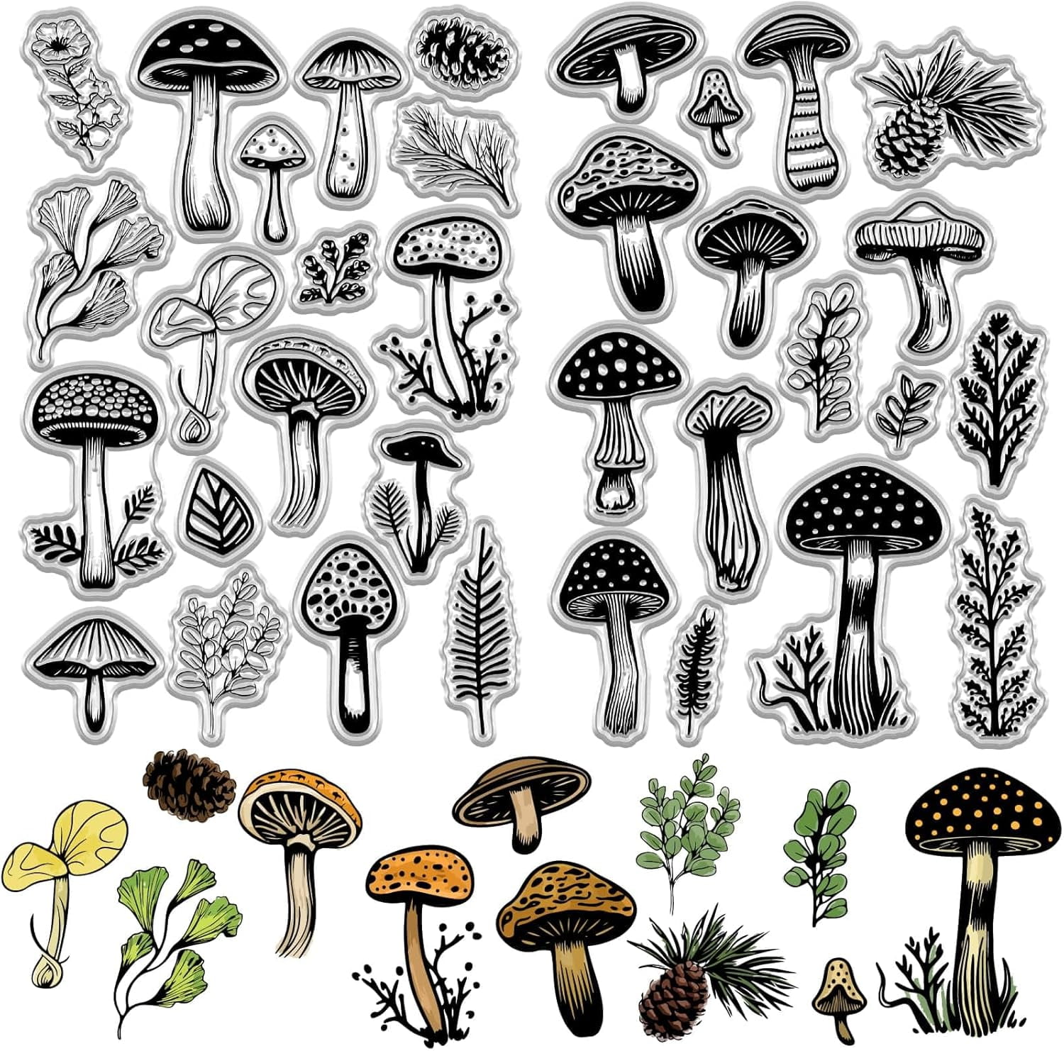 2 Sheets Mushroom Clear Silicone Stamps Plant Leaves Reusable Vintage ...
