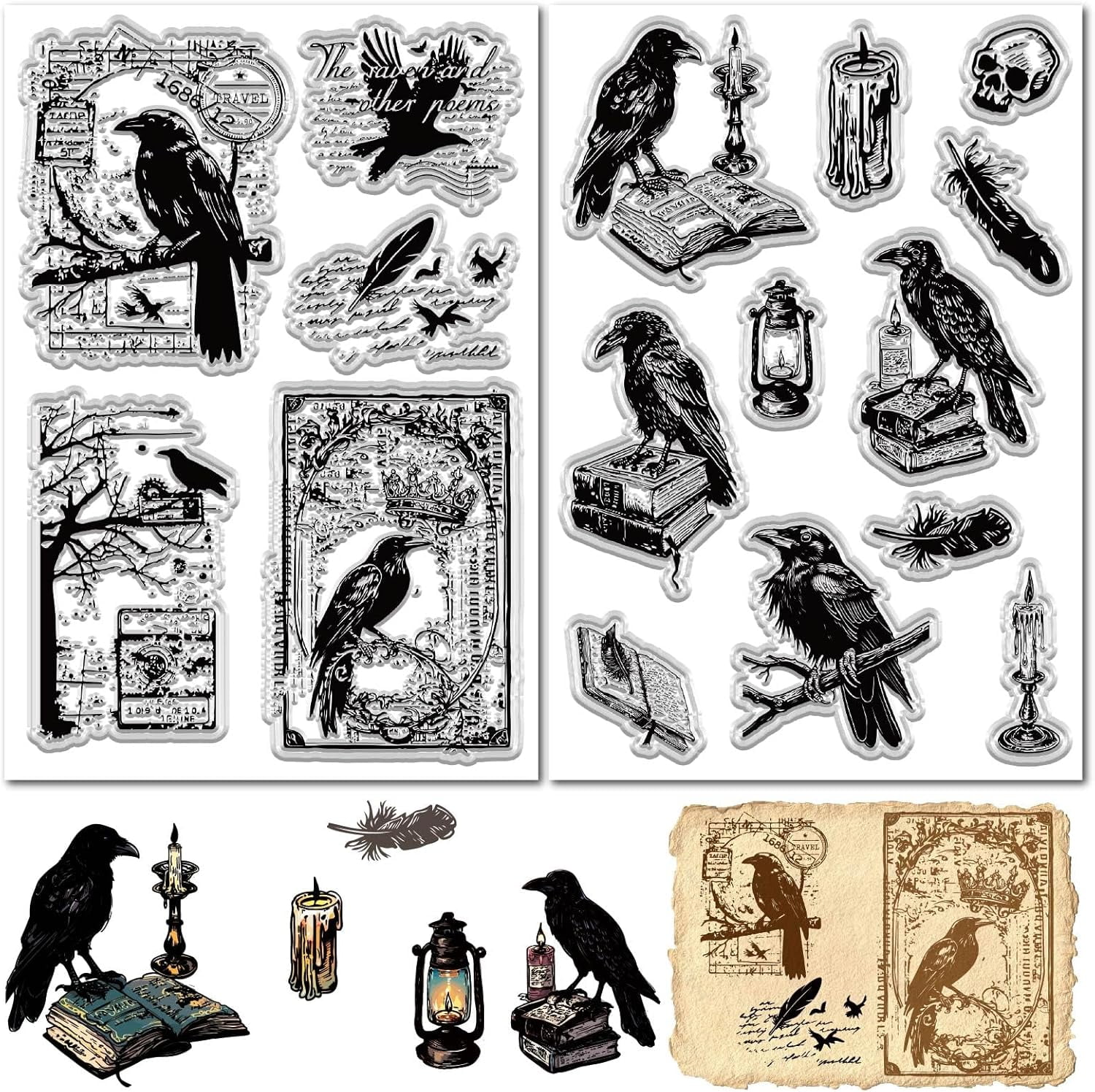 2 Sheets Raven Stamp Rubber Crow Light Oil Lamp Book Pattern Retro ...