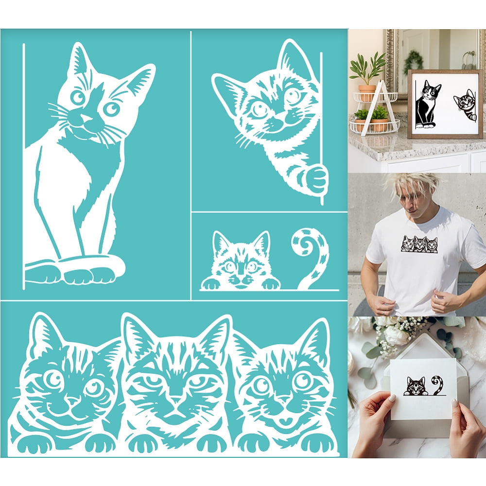 2 Sheets Silk Screen Stencil Interesting Cats Painting Stencils ...
