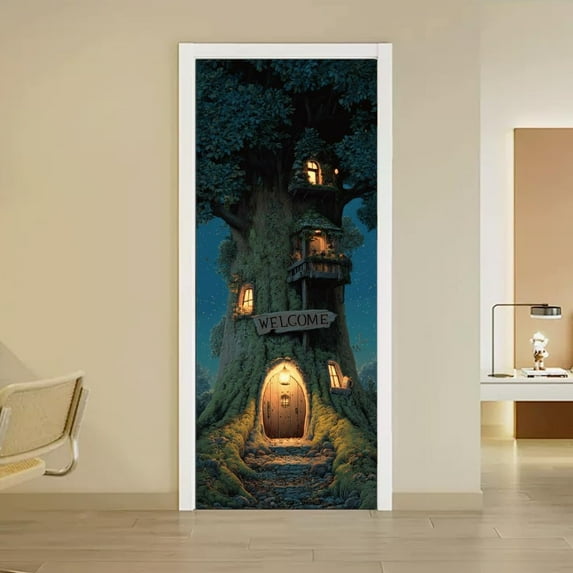 2 Sheets Tree Hole Self-Adhesive Door Sticker 80cmx200cm/31.5x78.7inch Night Tree House Door ...