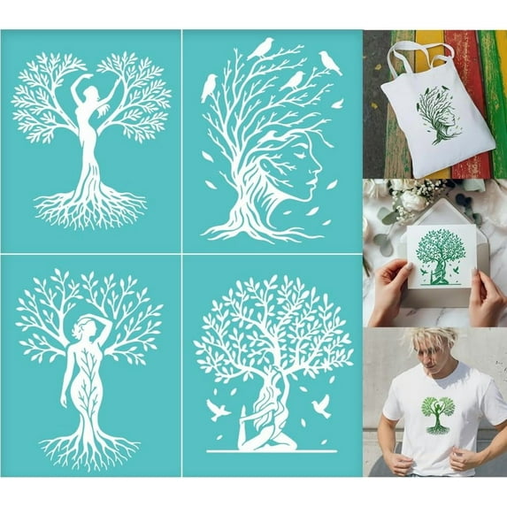 2 Sheets Tree Woman Silkscreen Stencil Tree of Life Drawing Stencils ...