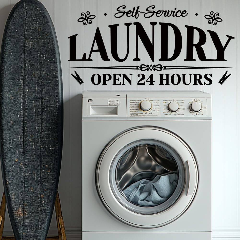 2 Sheets Wall Stickers Laundry Room Decals Decor Open 24 Hours Laundry ...