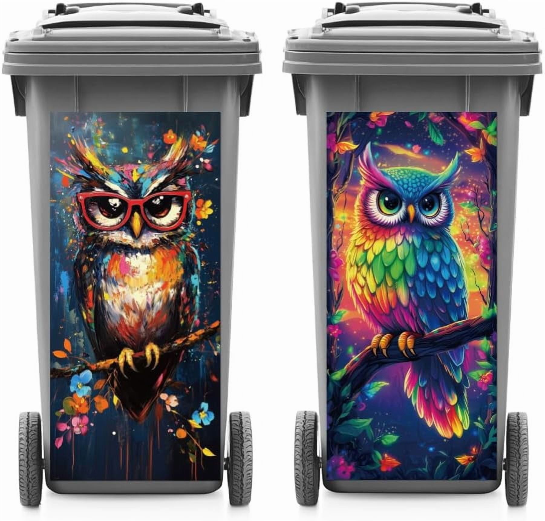 2 Sheets Wheelie Bin Stickers Owl Flower Glasses Waterproof Dustbin ...