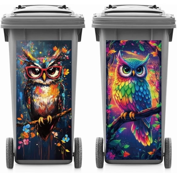 2 Sheets Wheelie Bin Stickers Owl Flower Glasses Waterproof Dustbin ...