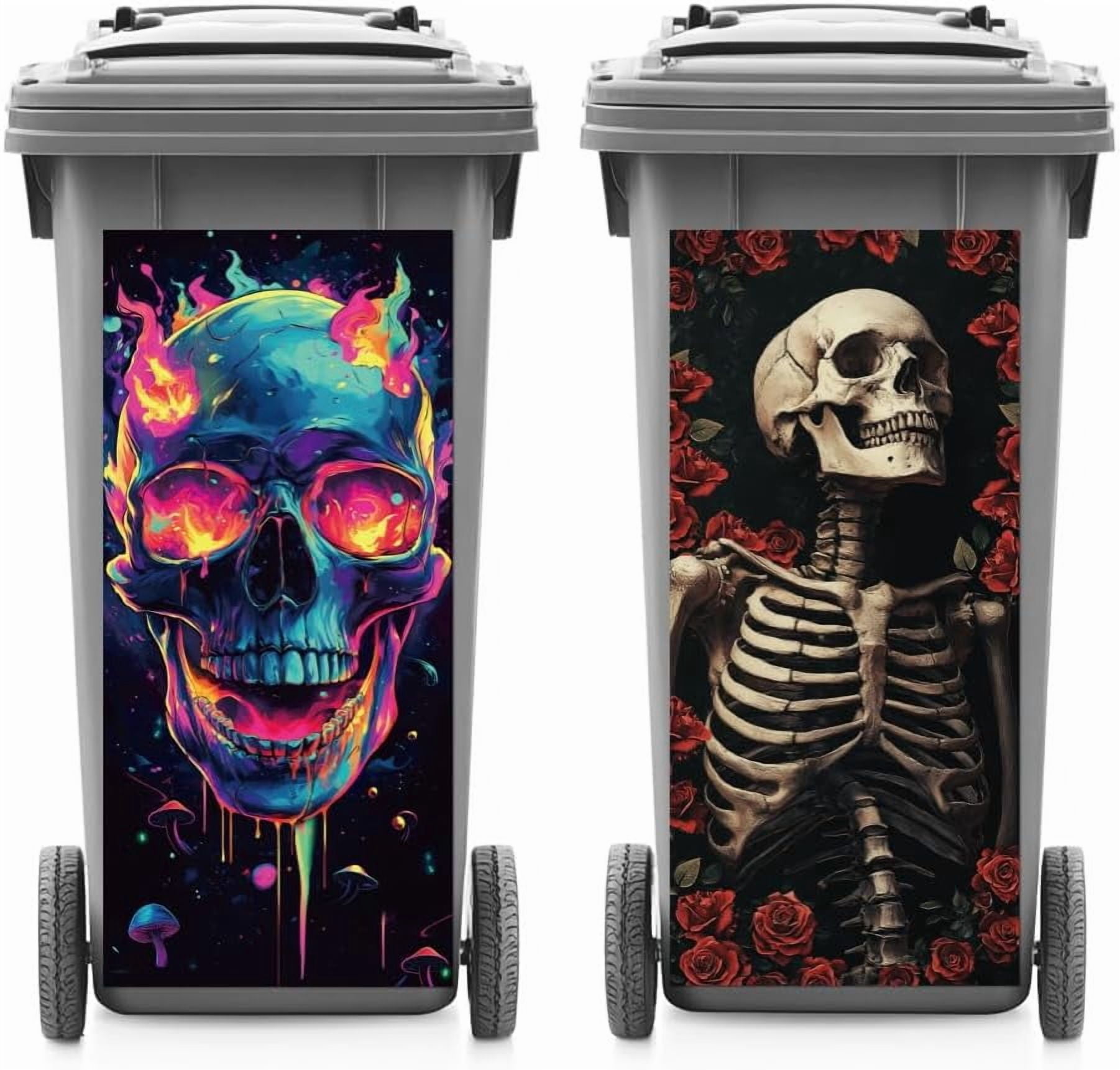 2 Sheets Wheelie Bin Stickers Skull and Rose Waterproof Dustbin Decor ...
