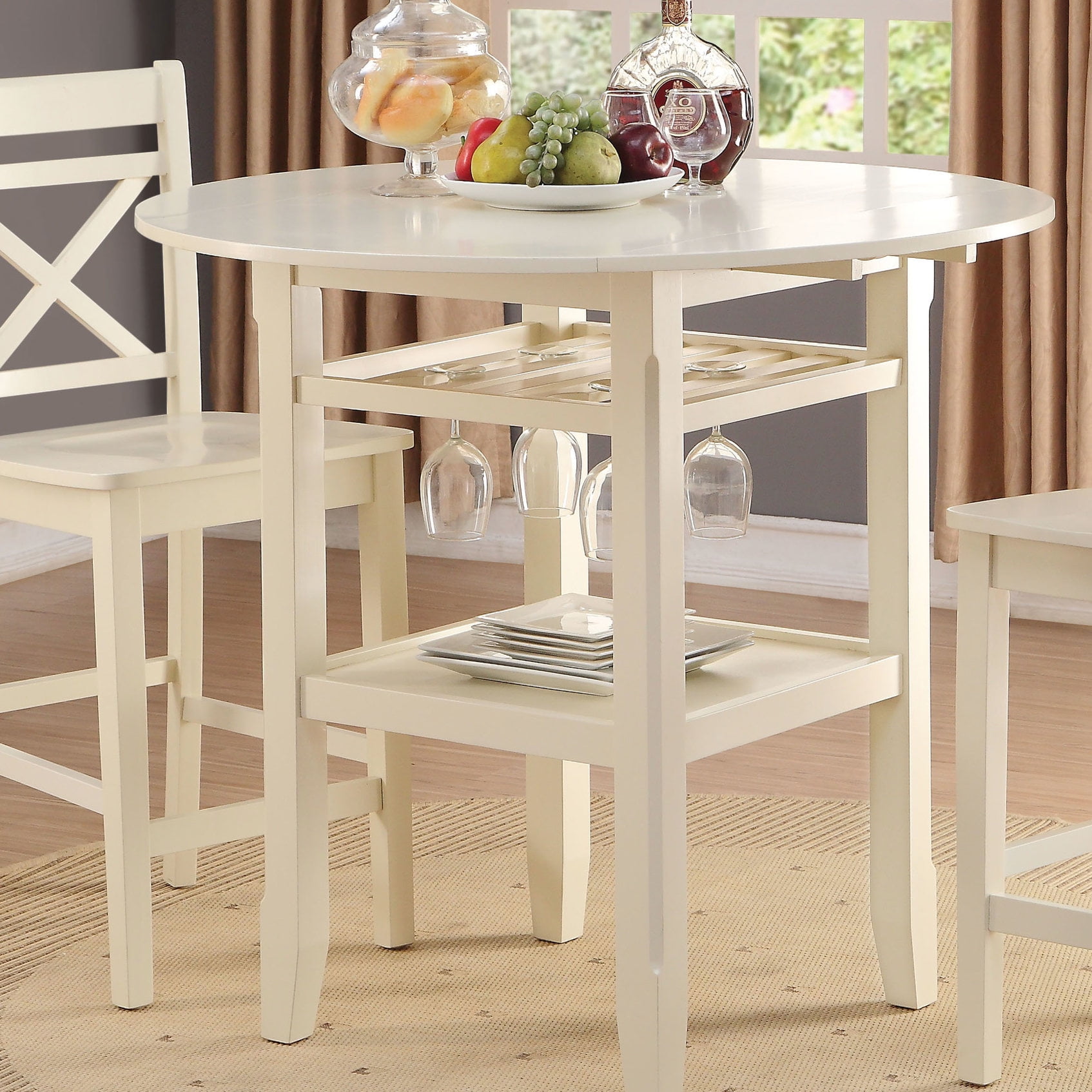 2-Shelf Cream Counter Height Round Table | Drop Leaves for Variable ...