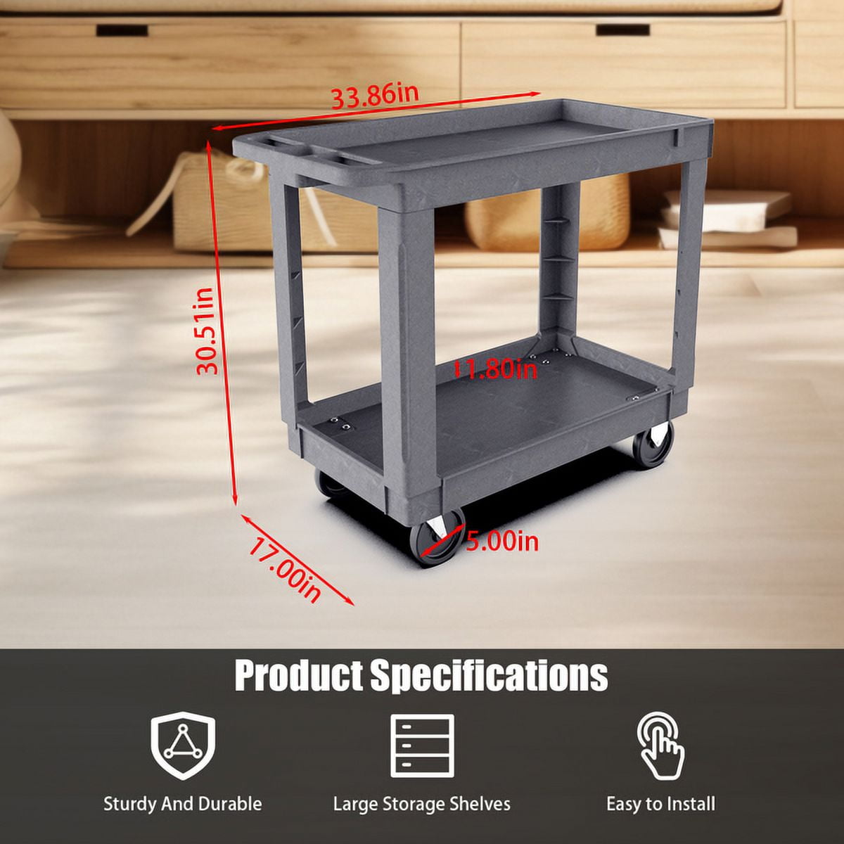 2 Shelf Utility Cart, Heavy Duty Plastic Service Cart, 600 lbs Capacity ...