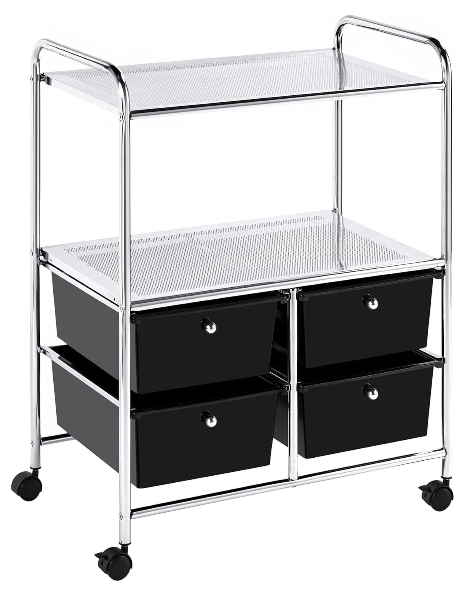 2 Shelves Plastic Storage Cart with 4 Drawers Rolling Storage Cart on ...