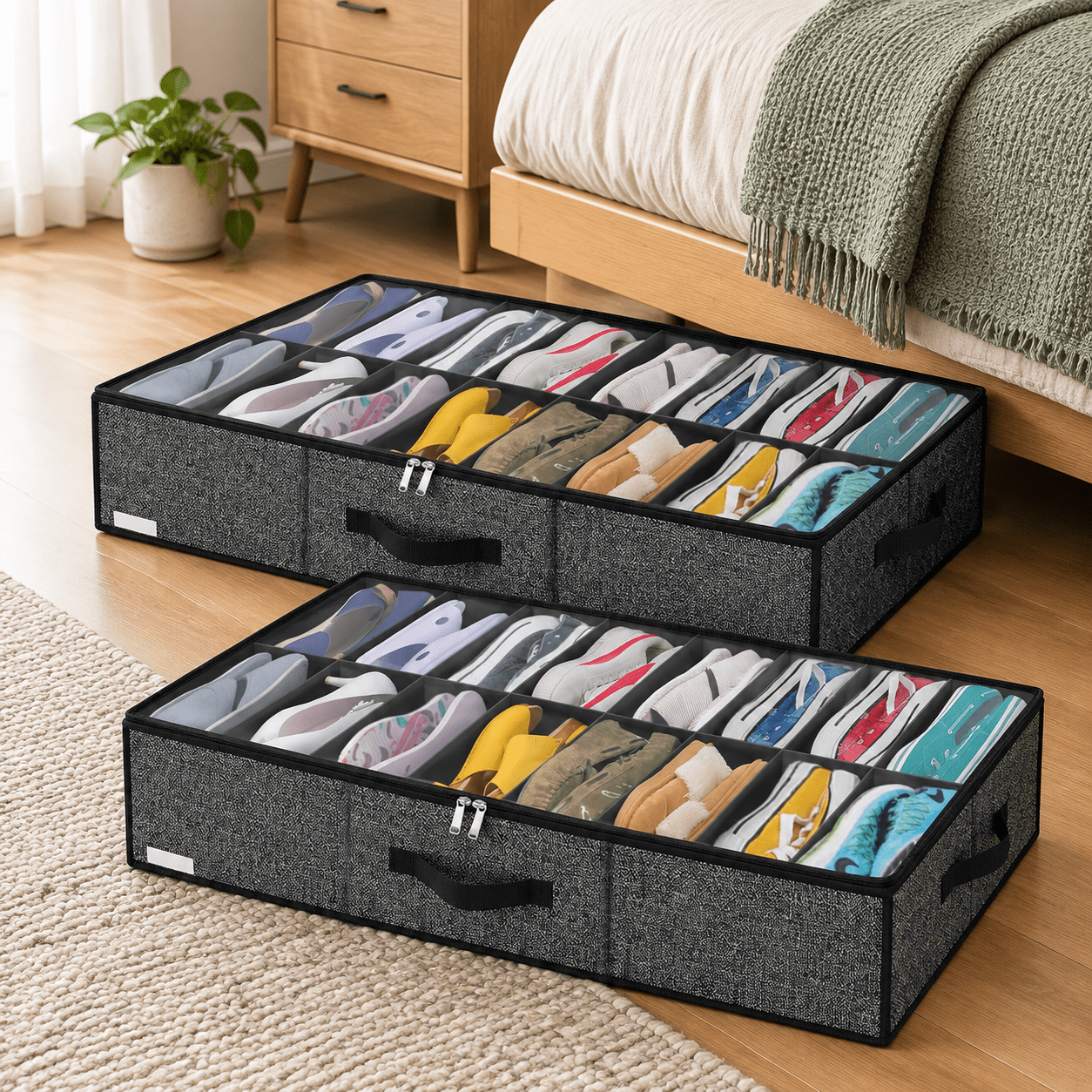 2 Shoes (16+16 Cells) Linen-like Black Under Bed Shoe Storage Organizer ...