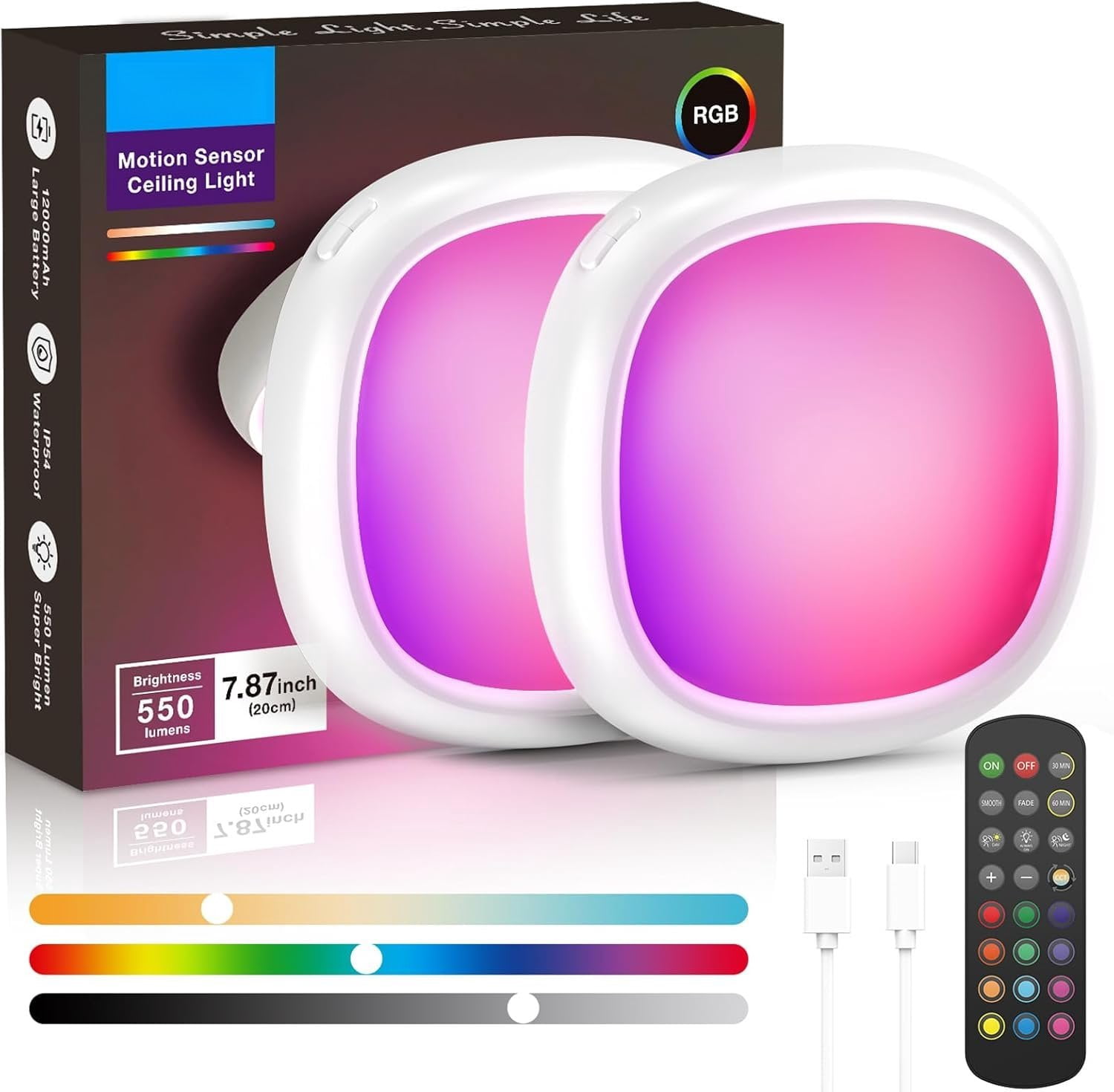 2 Shower Light for Inside Shower, 12000mAh Motion Sensor Ceiling Light ...