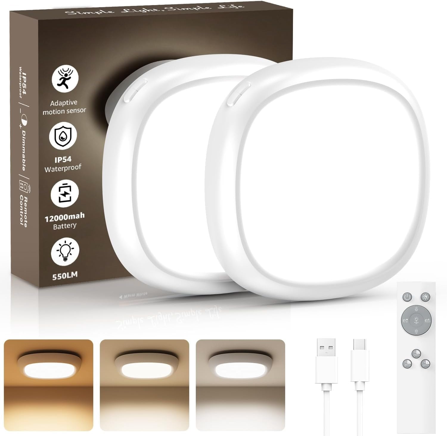 2 Shower Lights for Inside Shower, 12000mAh Motion Sensor Ceiling Light ...