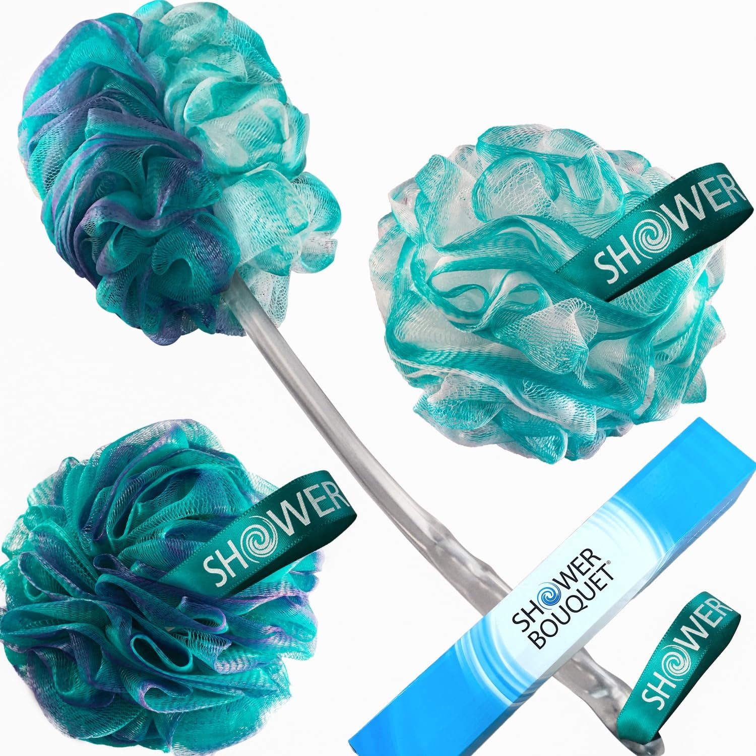 SHOWER BOUQUET 2-Sided-Loofah-Back-Scrubber & Bath-Sponge Set // 1-Long ...